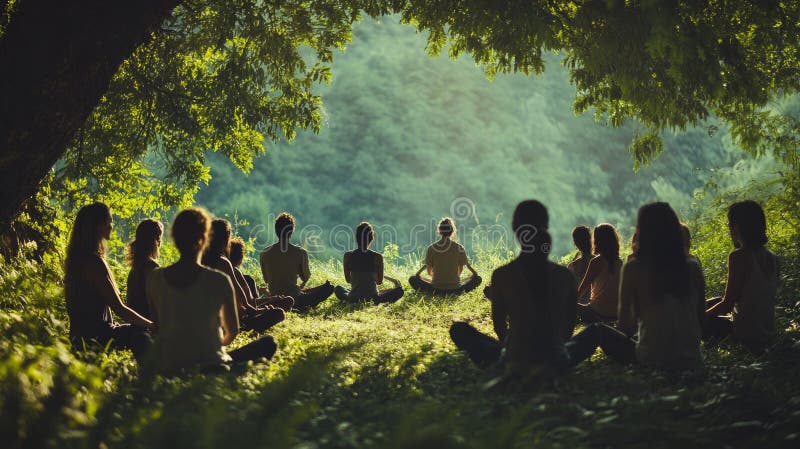 Group Meditation in Lush Forest Setting with Sunlight Streaming through ...