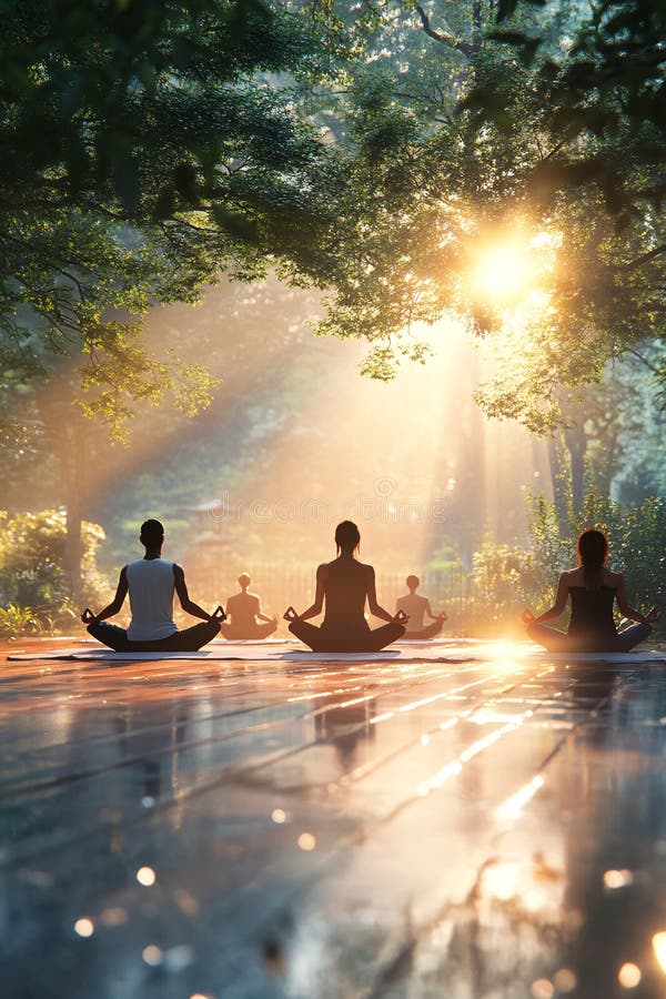 Group Meditation in Nature at Sunrise with Sunlight Filtering through ...
