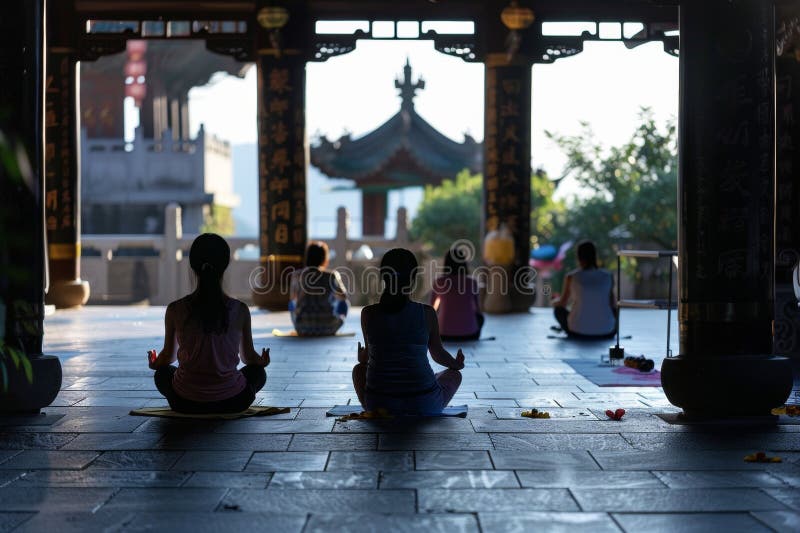 Group Meditation Session at Dawn in a Serene Temple Setting Surrounded ...
