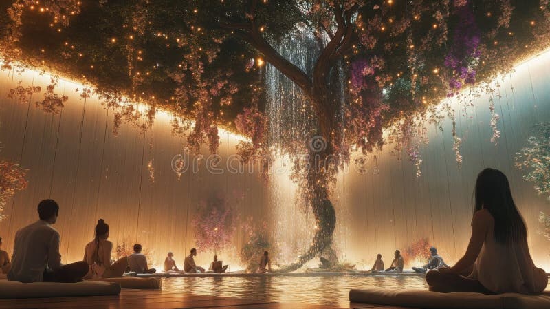 Group Meditation Under Magical Tree with Hanging Lights and Waterfall ...