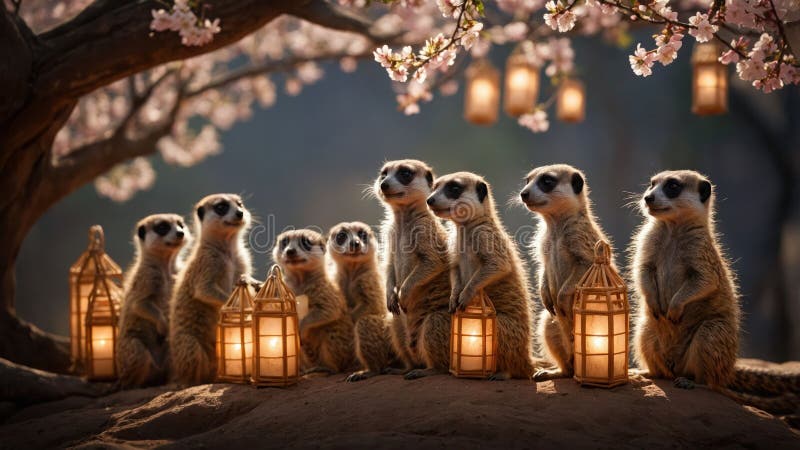Charming Meerkat Group Posing Under Cherry Blossoms at Dusk Stock ...