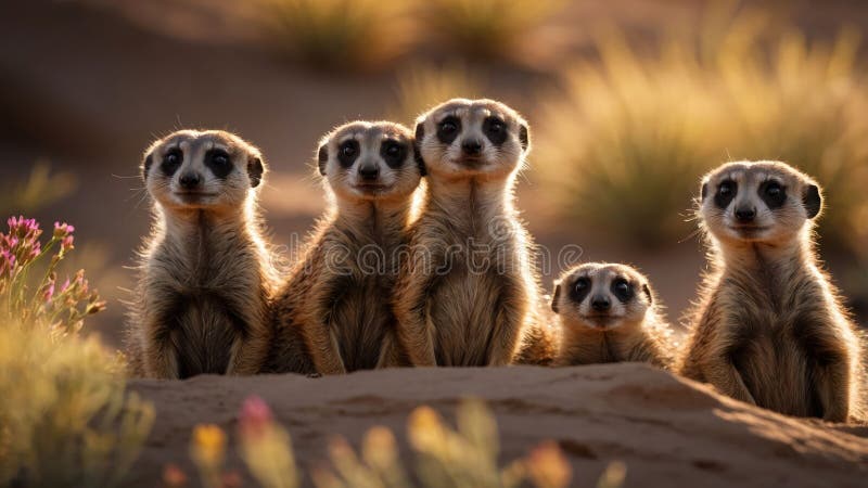 Adorable Meerkat Family at Sunset in the African Savanna Stock ...