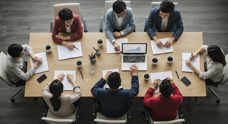 Group Meeting at Conference Table with Laptop and Reports Stock ...