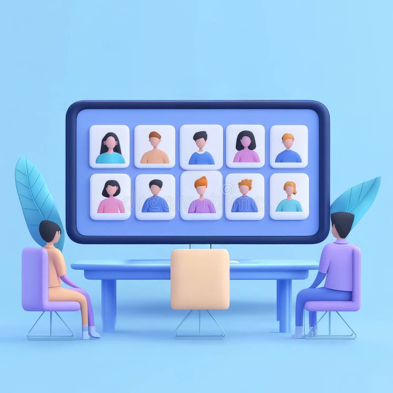 A Group Meeting Displayed on a Screen with Multicolored Avatars in a ...