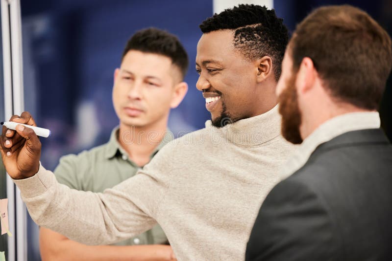 Group, Meeting and Planning on Whiteboard with Teamwork in Night ...