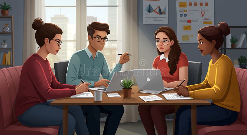 Group Meeting at Table with Laptops and Documents in Modern Office ...