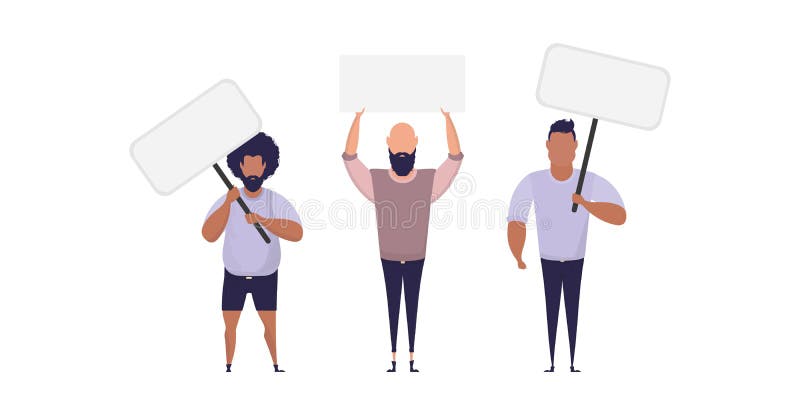 Group of Men with Blank Banner Isolated on White Background. Flat Style ...