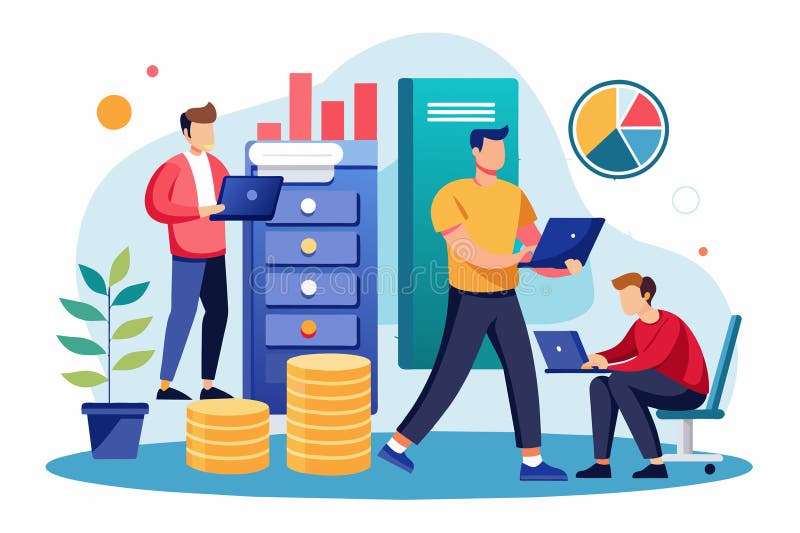 A Group of Men Collaborates on Data Tasks Using Laptops in a Colorful ...