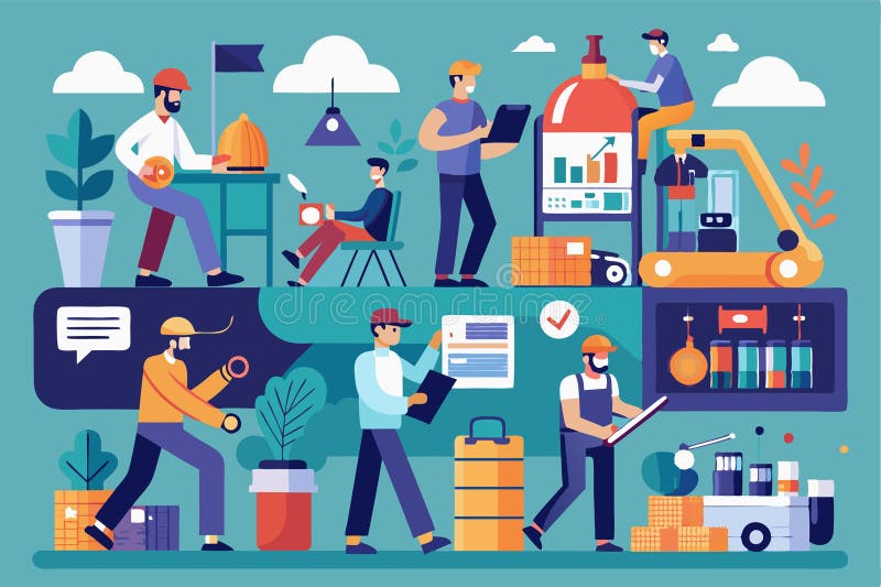 A Group of Men Performs Different Tasks, Showcasing Teamwork and ...