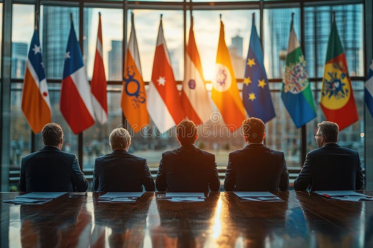 A Group of Men Sit at a Table with Flags Behind Them. the Flags are ...