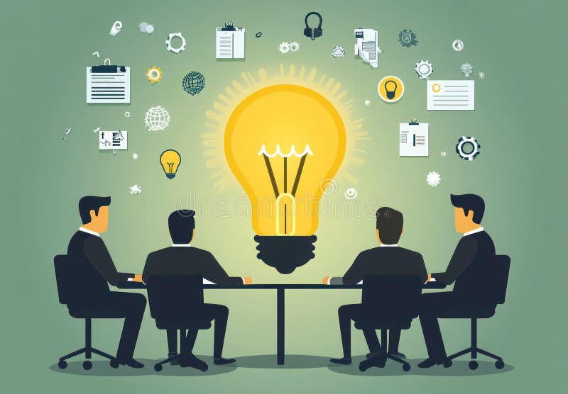 A Group of Men Sitting Around a Table with a Light Bulb in the Middle ...