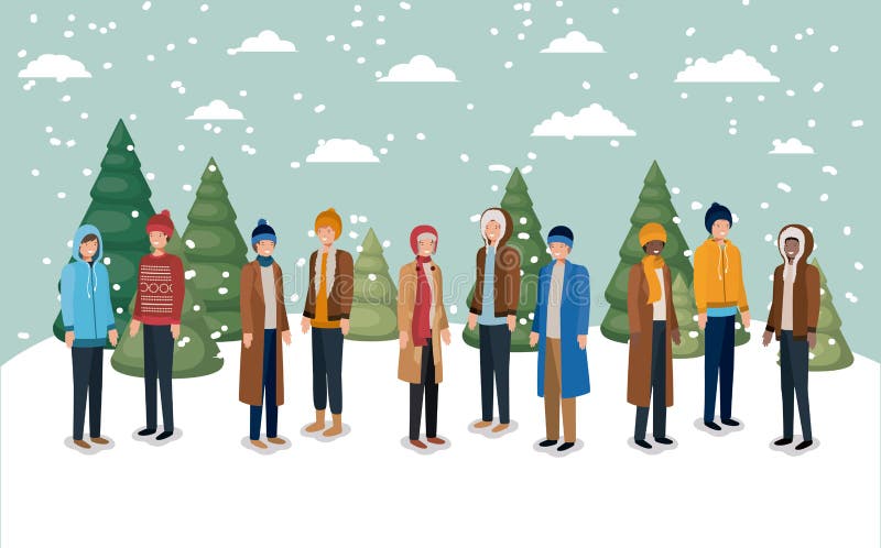 Group of Men in Snowscape with Winter Clothes Stock Vector ...
