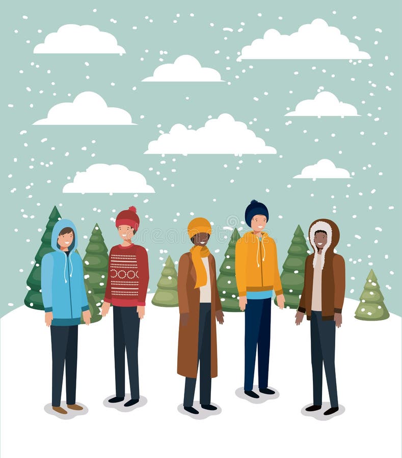 Group of Men in Snowscape with Winter Clothes Stock Vector ...