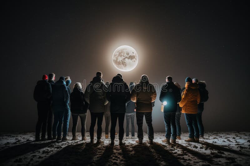 A Group of Men Stand in the Darkness, Illuminated by a Full Moon on a ...