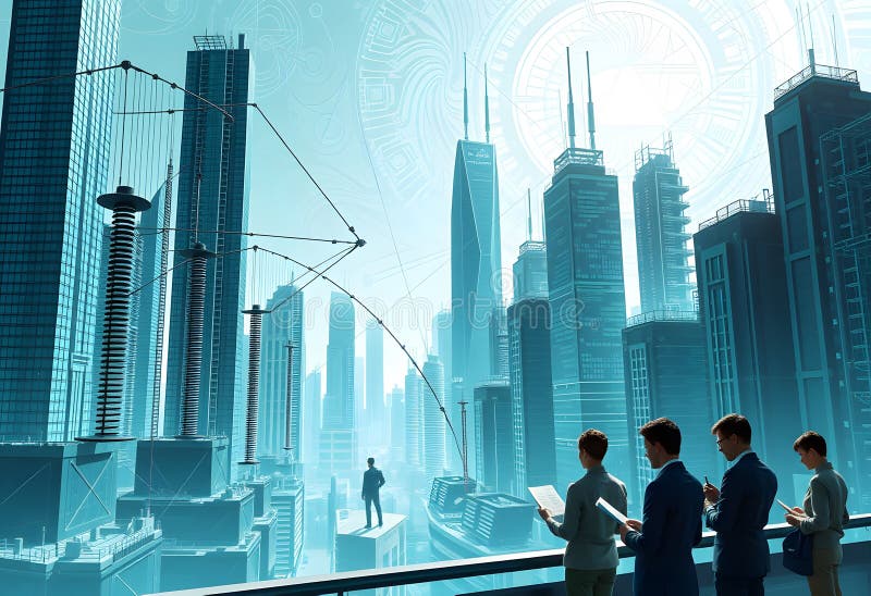 A Group of Men are Standing on a Bridge in a City, Looking at a ...