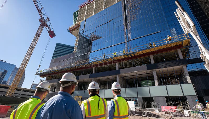 Group of Men Standing in Front of Tall Building Stock Illustration ...