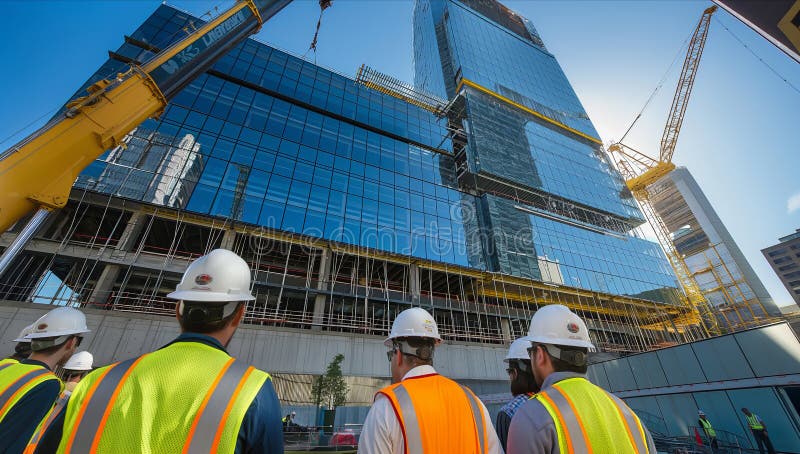 Group of Men Standing in Front of Tall Building Stock Illustration ...