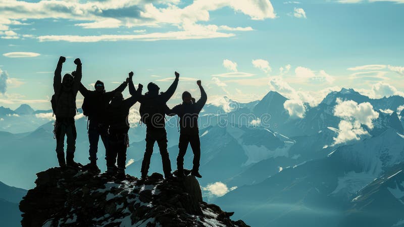 Group of Men Standing on Mountain Top Celebrating Success Stock ...