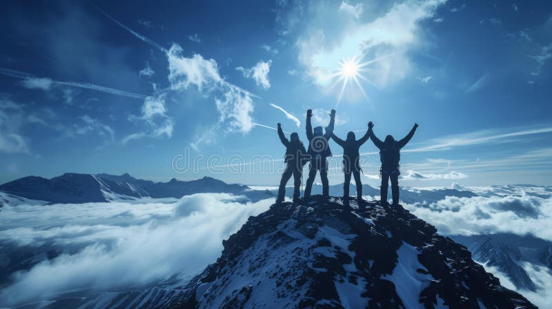 Group of Men Standing on Mountain Top Celebrating Success Stock ...