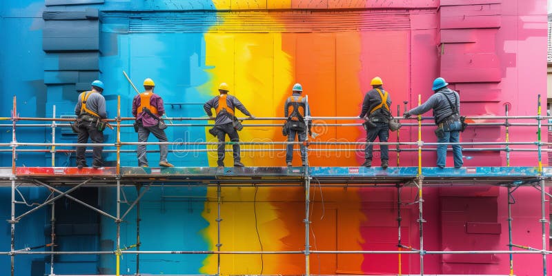 Group of Men Standing on Scaffold, Working on Building Facade Stock ...