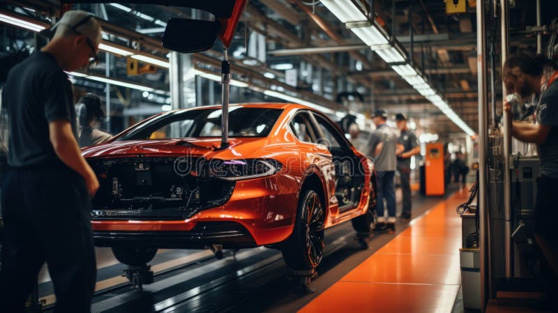 A Group of Men are Working on a Car Engine in a Factory Stock ...