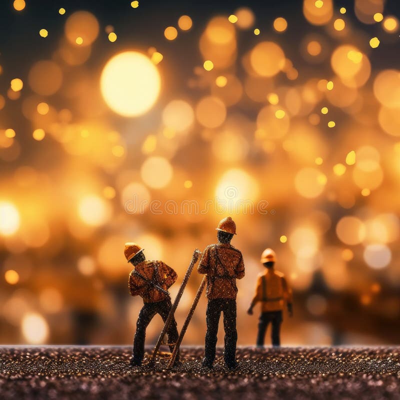 Group of Men Working on a Construction Site at Night with Bokeh Lights ...