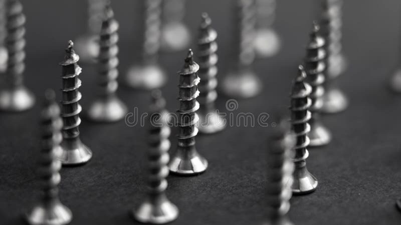 A Group of Metal Screws on a Black Surface Set in Rows. Sparkling Light ...