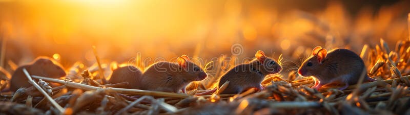 Group of Mice in the Harvested Field in Summer Evening with Setting Sun ...