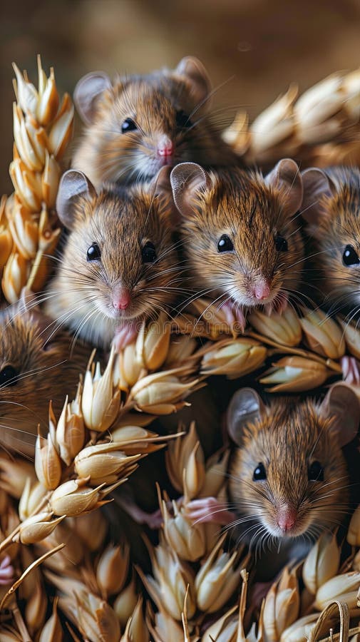 Group of Mice Nestled in Wheat Stalks Stock Illustration - Illustration ...