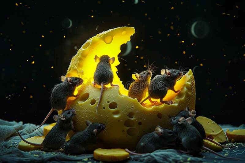 A Group of Mice are Sitting on a Piece of Cheese Stock Photo - Image of ...