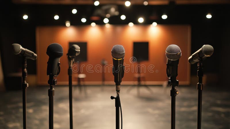 A Group of Microphones Sitting on Top of a Stage Stock Illustration ...