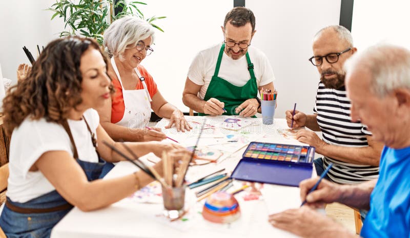 Group of Middle Age Draw Students Sitting on the Table Drawing at Art ...