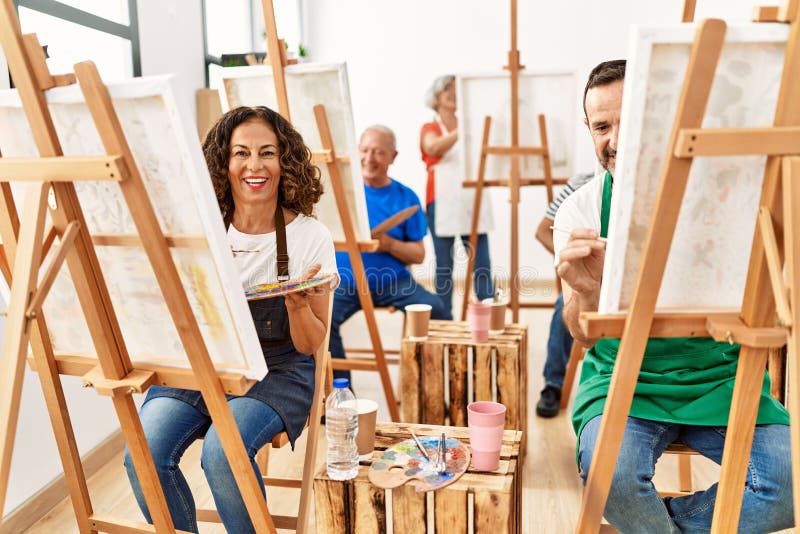 Group of Middle Age Draw Students Smiling Happy Drawing at Art Studio ...