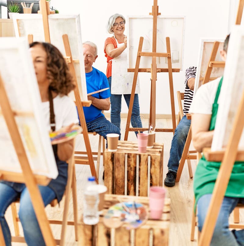 Group of Middle Age Draw Students Smiling Happy Drawing at Art Studio ...