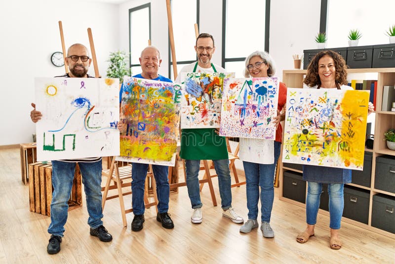 Group of Middle Age Draw Students Smiling Happy Holding Drawing Canvas ...