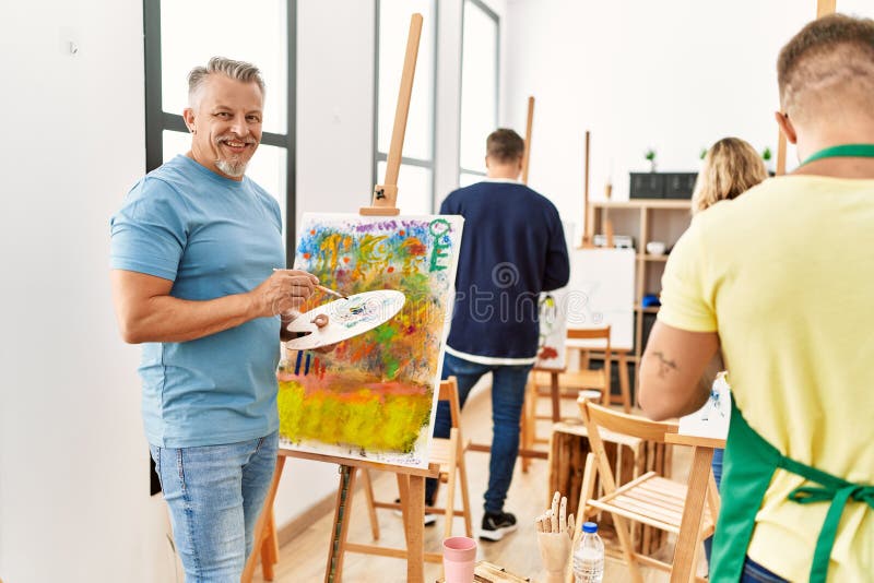 Group of Middle Age Paint Students Drawing at Art Studio Stock Image ...