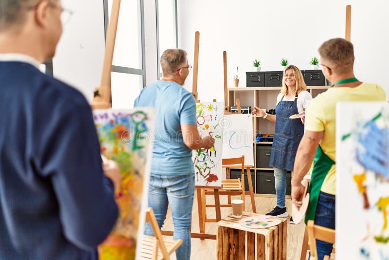 Group of Middle Age Paint Students Having Art Class at Drawing Studio ...