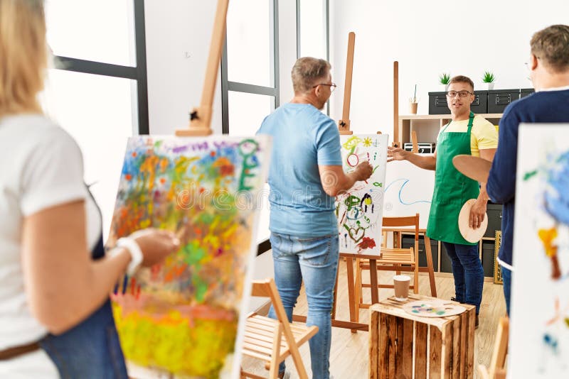 Group of Middle Age Paint Students Having Art Class at Drawing Studio ...