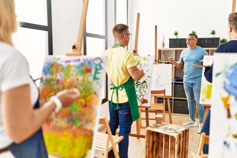 Group of Middle Age Paint Students Having Art Class at Drawing Studio ...