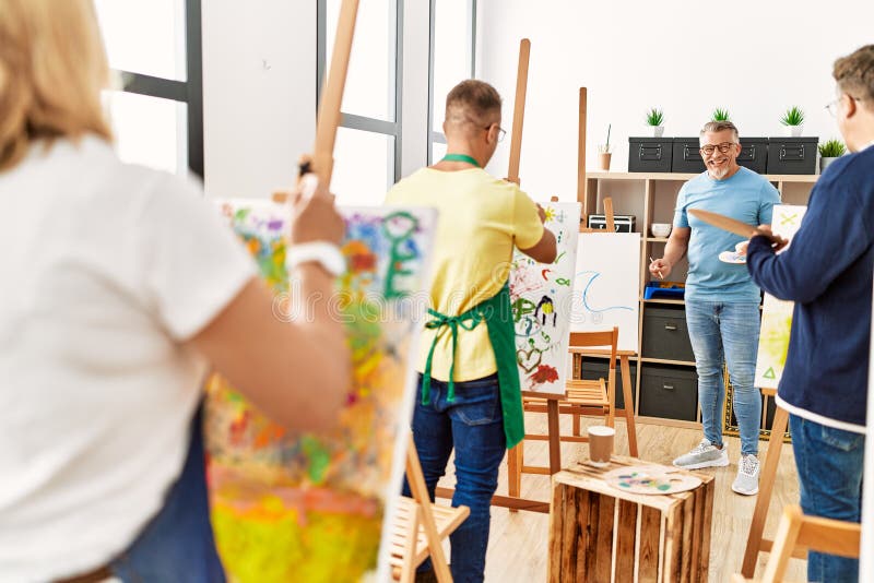 Group of Middle Age Paint Students Having Art Class at Drawing Studio ...