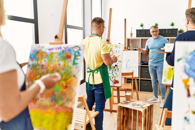 Group of Middle Age Paint Students Having Art Class at Drawing Studio ...
