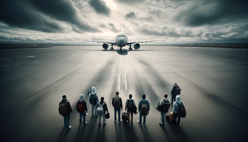 A Group of Migrants Facing an Airplane, Symbolizing Global Migration ...