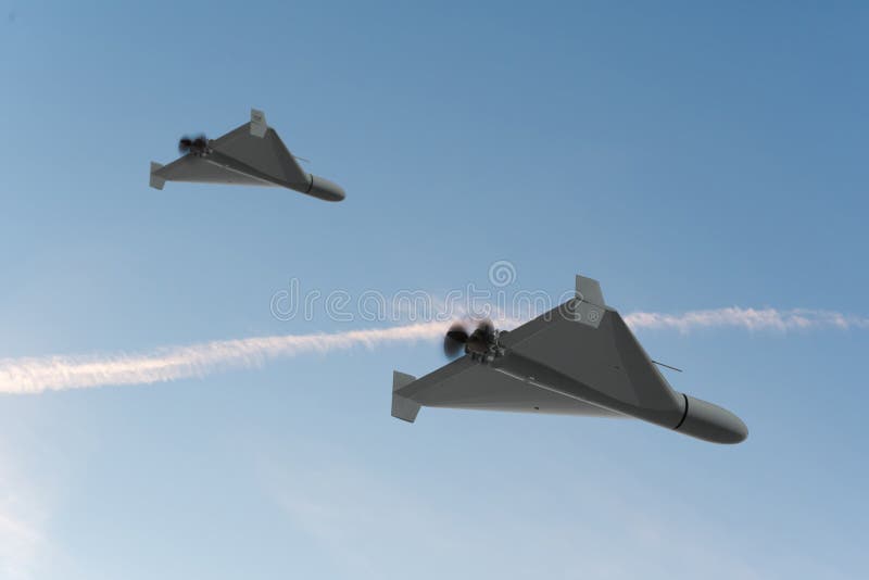 A Group of Military Drones Flying through the Daytime Against a Clear ...