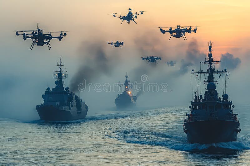 Group of Military Ships and Drones are Flying Over the Ocean Stock ...