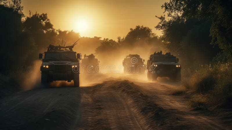 A Group of Military Vehicles Drive Down a Dusty Road. Al Generated ...