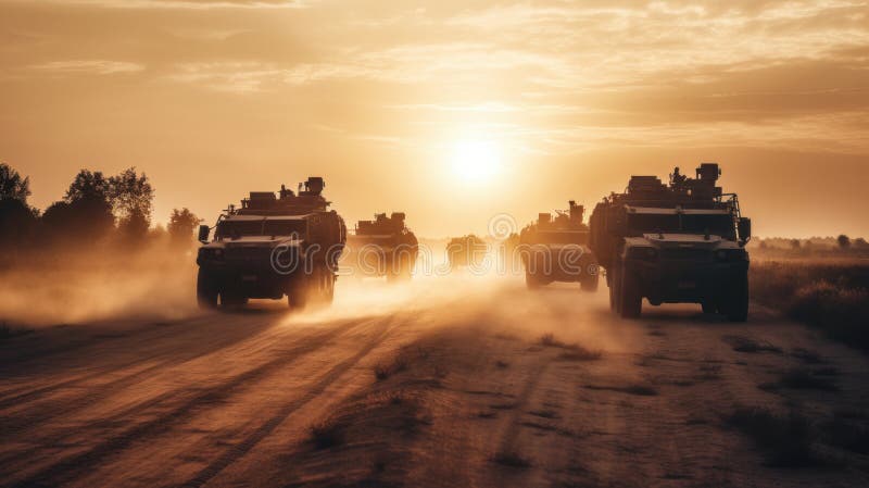 A Group of Military Vehicles Drive Down a Dusty Road. Al Generated ...
