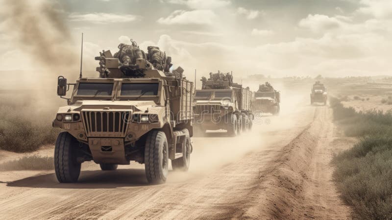 A Group of Military Vehicles Drive Down a Dusty Road. Generative AI ...