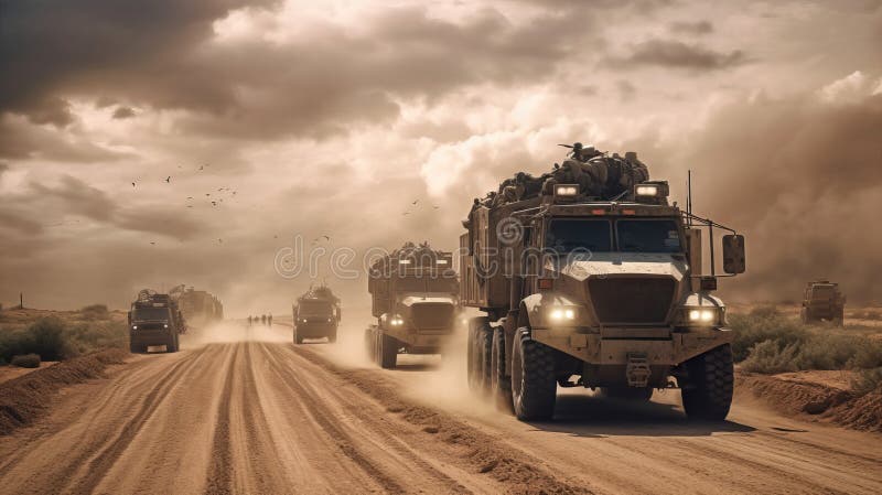 A Group of Military Vehicles Drive Down a Dusty Road. Generative AI ...