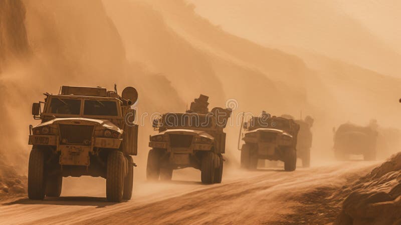 A Group of Military Vehicles Drive Down a Dusty Road. Generative AI ...