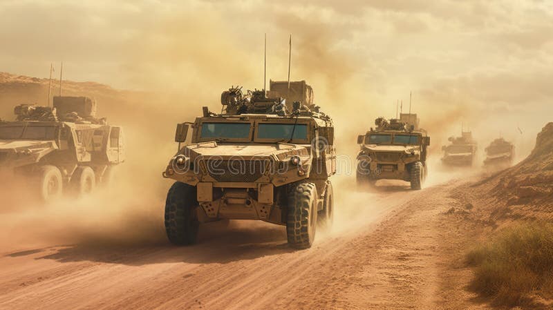 A Group of Military Vehicles Drive Down a Dusty Road. Generative AI ...